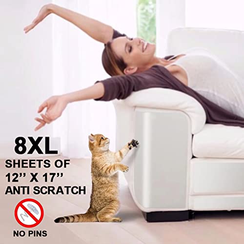 Cat Scratch Deterrent Tape - 12 x 17 Inches 8 PCS - Furniture Protector from Pet Scratch, Clear Double Side Anti-Scratch Cats Training Tape Sheets - Couch, Door, Walls, Carpet Protector β Residue Free