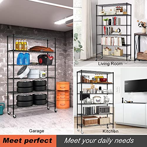 6 Shelf Wire Shelving Adjustable Storage Shelves Steel Wire Rack Metal Shelf 2100Lbs Capacity Standing Storage Shelf Units for Laundry Kitchen Garage Pantry Closet ( Black, 48" L x 18" W x 82")
