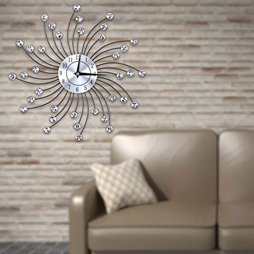 NCONCO Wall Clock, Sparkling Bling Metallic Silver Flower-Shaped Wall Clock for Living Room Office(Arc Flower)