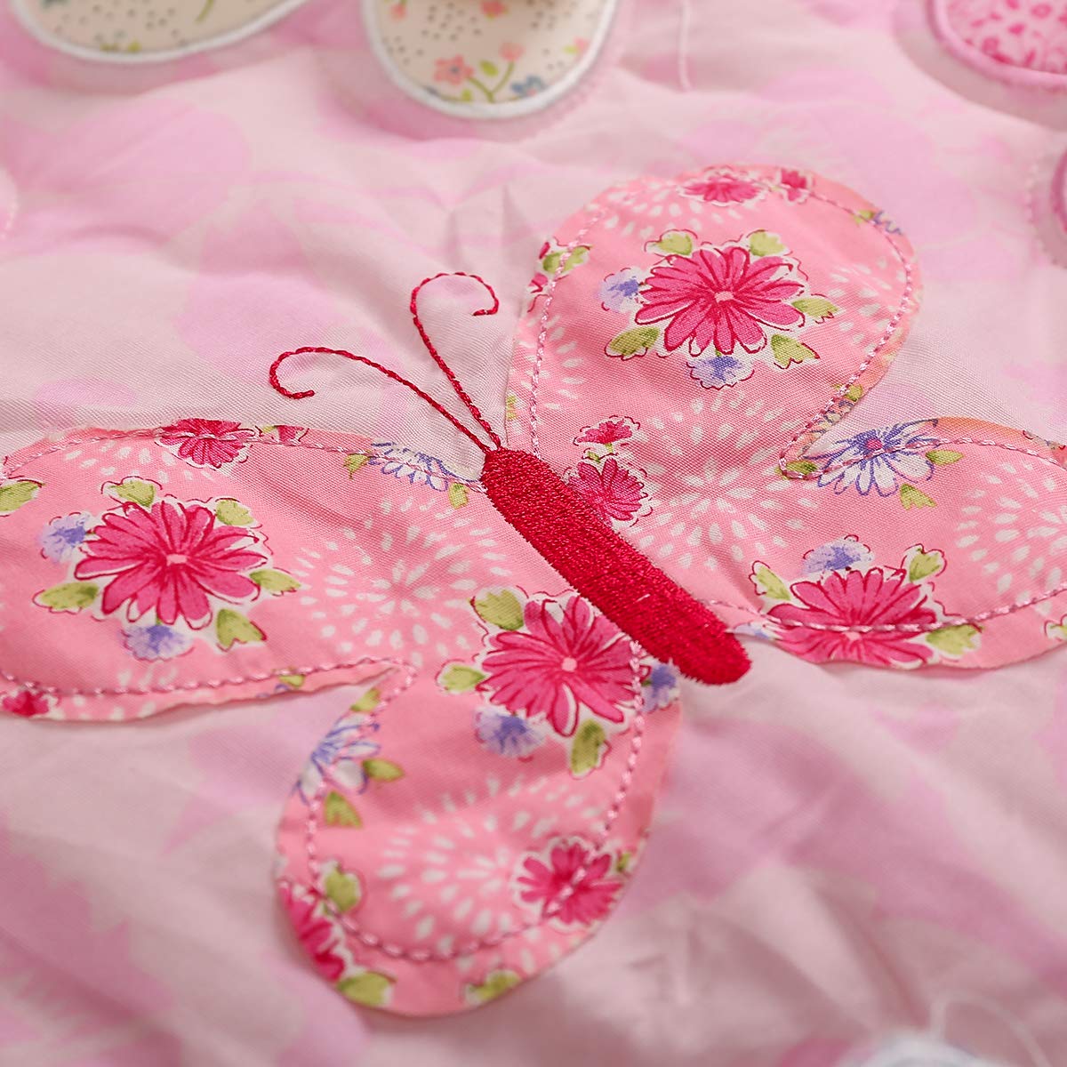 CribMATE 3 PCs Pink Embroidery Butterfly Nursery Crib Bedding Set Lace Trimmed Floral Butterfly Baby Girl Bedding Set Comforter Fitted Sheet Skirt Set