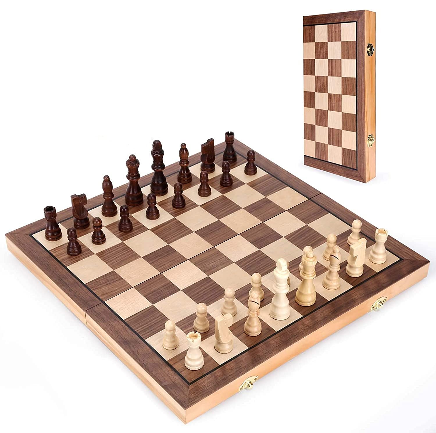 3 in 1 Wooden Chess Set, Folding Board Chess International Checkers Portable Chessboard Game Board Set (29*29cm)