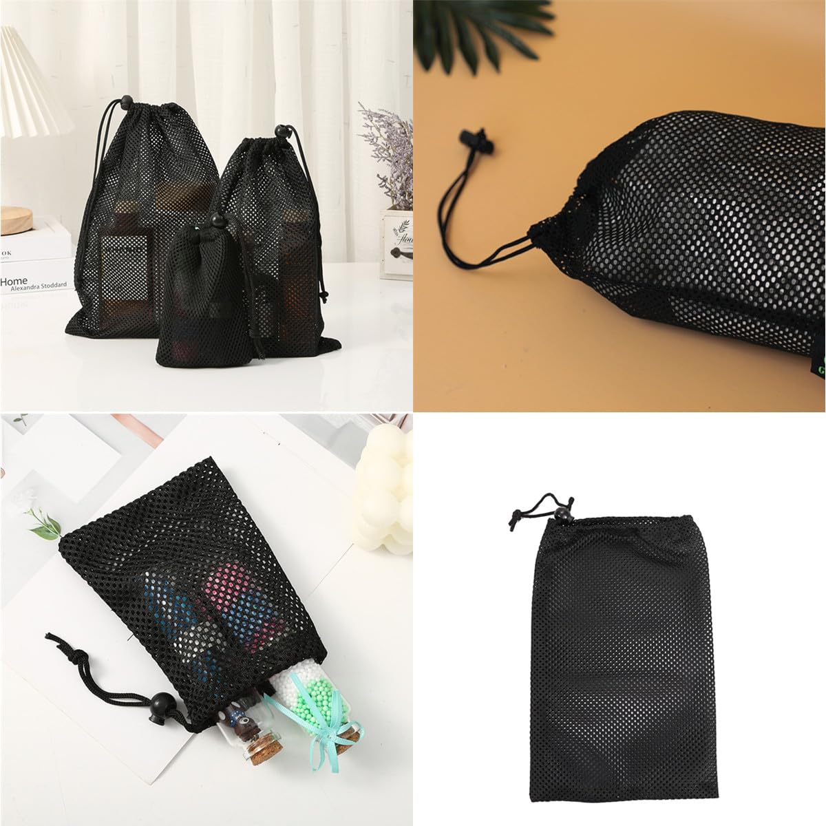 10PCS Nylon Mesh Drawstring Bag With Cord Lock, 8 x 12 Inch Mesh Laundry Drawstring Bag, Nylon Storage Mesh Bags for Balls Beach Toys, Seashell Collecting and Travel (Black)