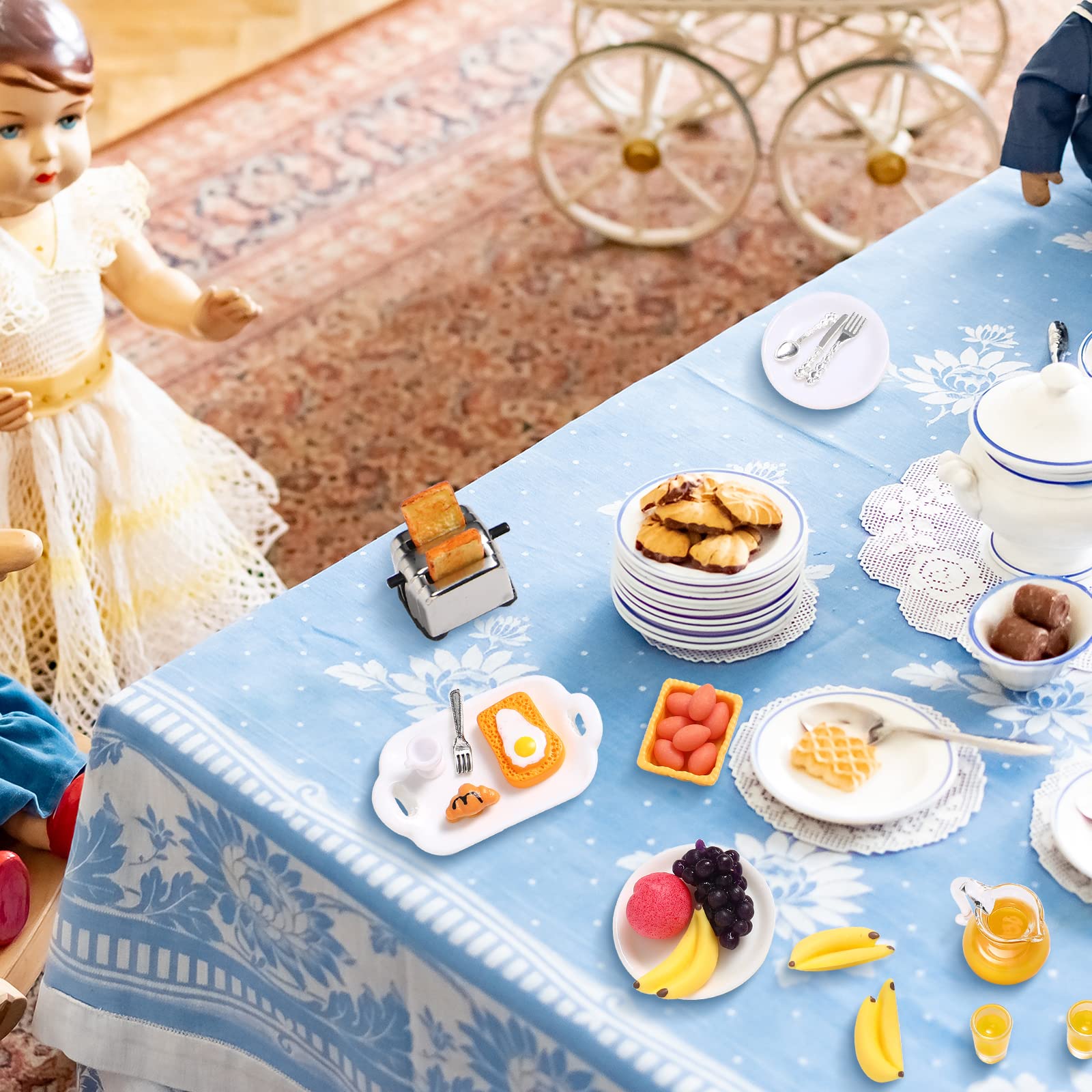 44 Pieces 1:12 Dollhouse Miniature Breakfast Kitchen Accessories Mini Toast Machine Bread Juice Milk Eggs Cups Fruits Plates Knife Fork Spoons for Dollhouse Kitchen Scene and Cake Topper Decor