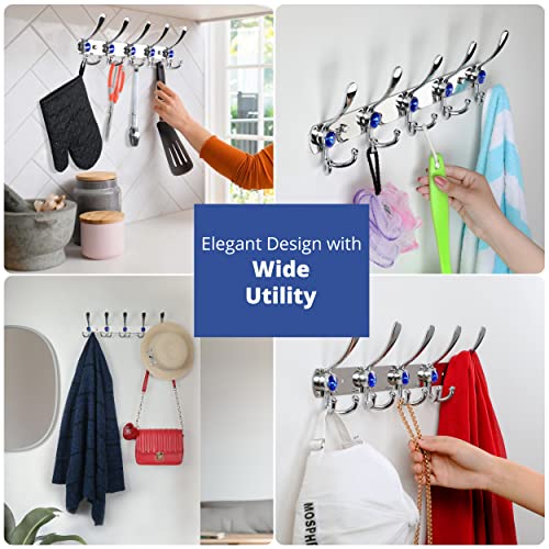 2 Pack Coat Hooks Wall Mounted – Premium Stainless Steel 5, Tri-Wall Hooks for Hanging Coats & Towels with Embedded Blue Jems – Heavy Duty Closet Hooks for Hanging Clothes, Robes, Hats (Silver)