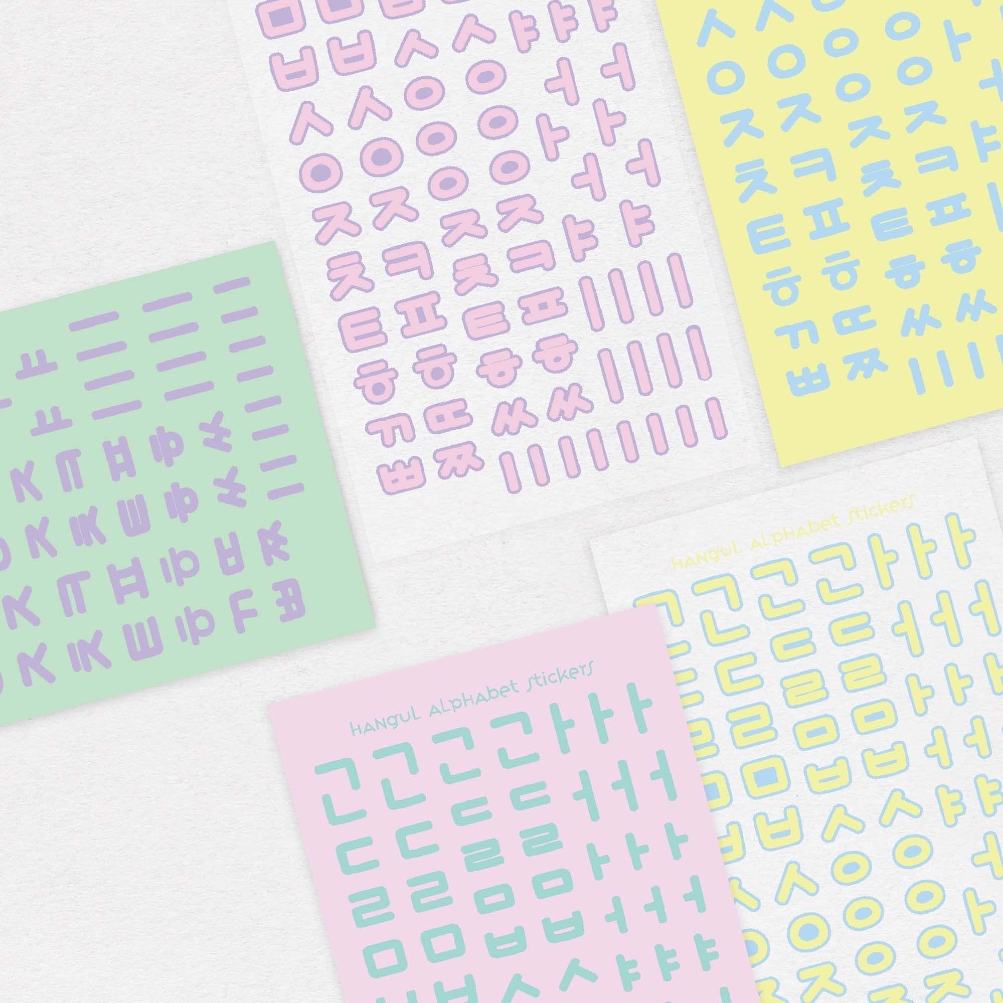 10PCS Pastel Korean and English Alphabet Sticker Sheets, Hangul Letter Sticker Bundle 5 Colors