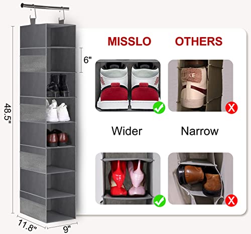 MISSLO 8-Shelf Hanging Shoe Organizer Clothes Closet Organizers and Storage Shelves Hat Holder with Large Shelf and Side Mesh Pockets for Hats Handbags Kid Sweater, Grey