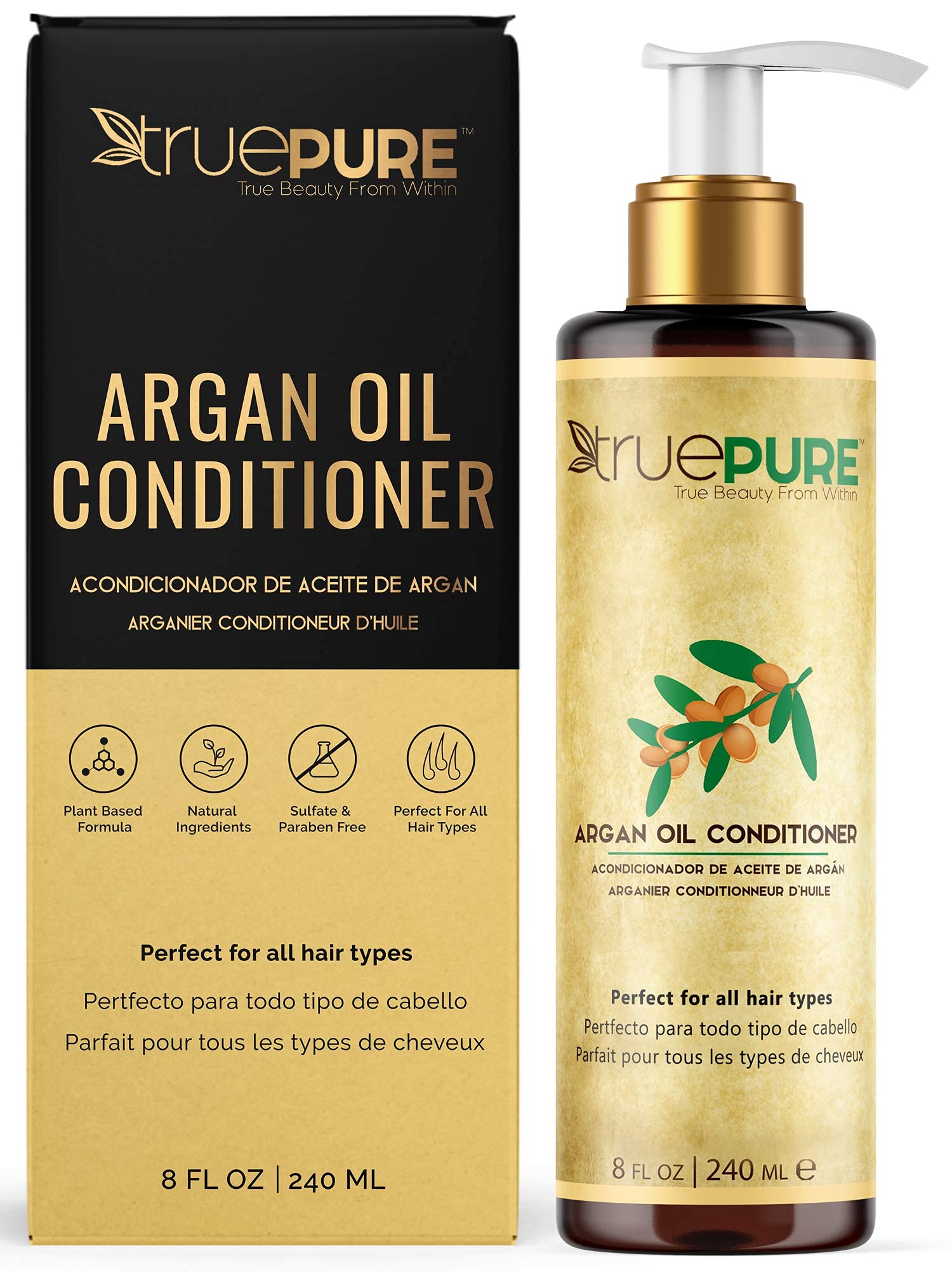 TruePure Hair Bundle - Caffeine Shampoo 8oz + Argan Oil Conditioner 8oz + Biotin Hair Growth Serum 2oz