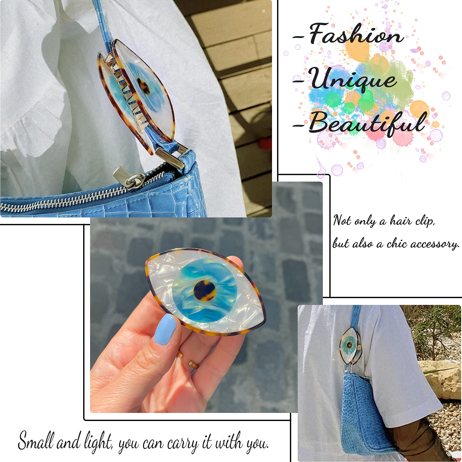 YOSOMK 3" Retro Blue Eye Hair Claw Clips - Non-slip Small Hair Accessories for Women With Unique Design and Stitching Color for Thick and Thin Hair