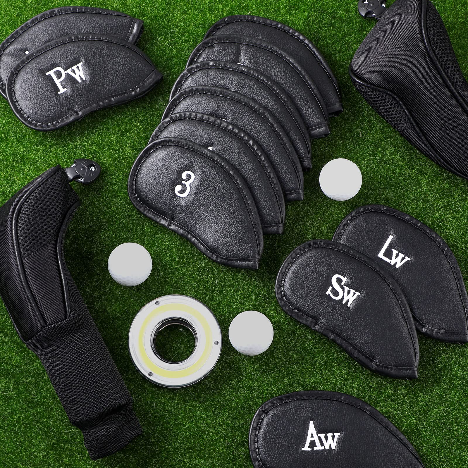 12 Pcs Thick Synthetic Leather Golf Iron Head Covers Set Iron Headcovers 3 Pcs Golf Club Head Cover Driver Golf Accessories for Fairway Driver Clubs Woods, Black