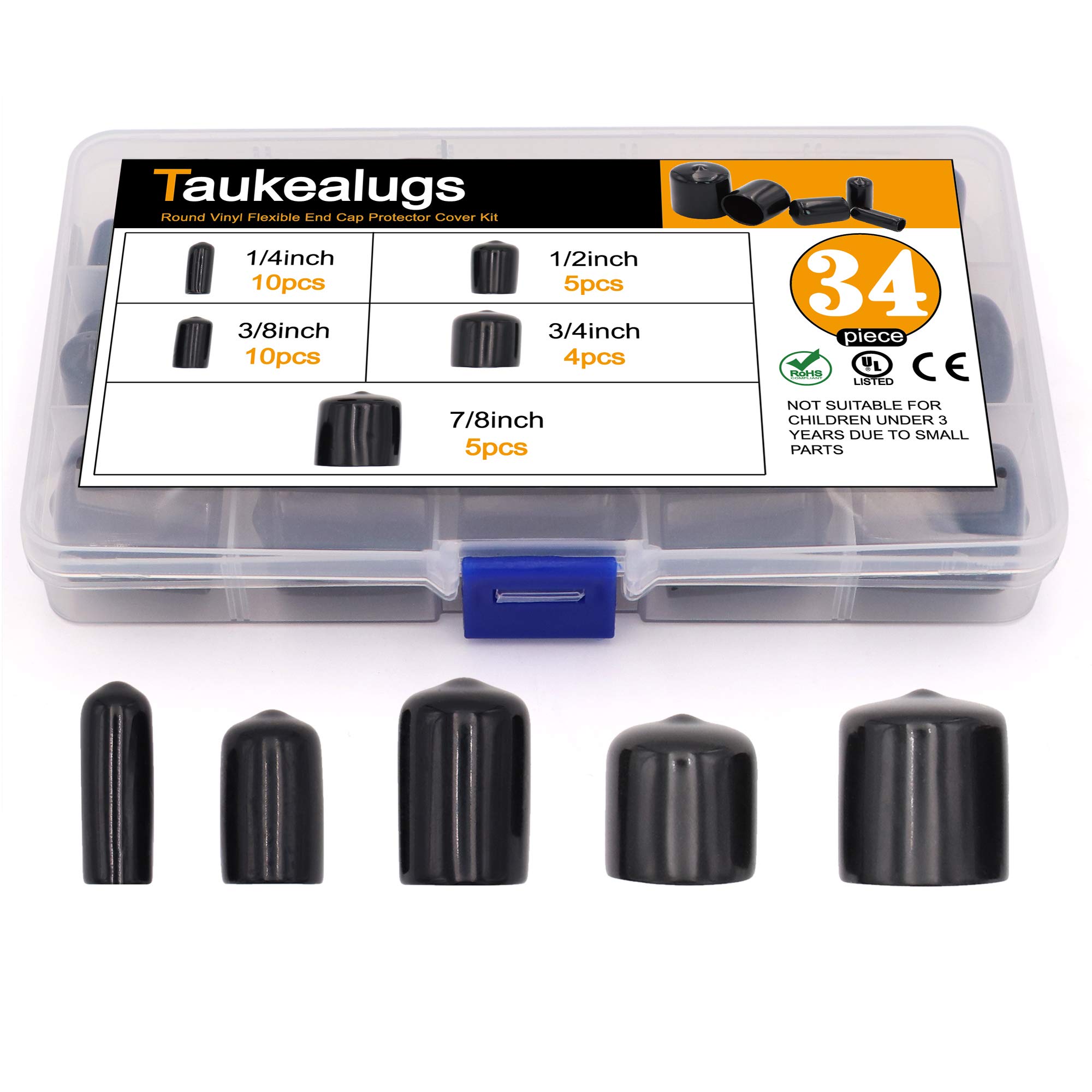 34pcs Black Pipe Post Bolt Screw Rubber Thread Protector Cover Vinyl Tube End Caps,Assorted 1/4-inch to 7/8-inch-5 Sizes