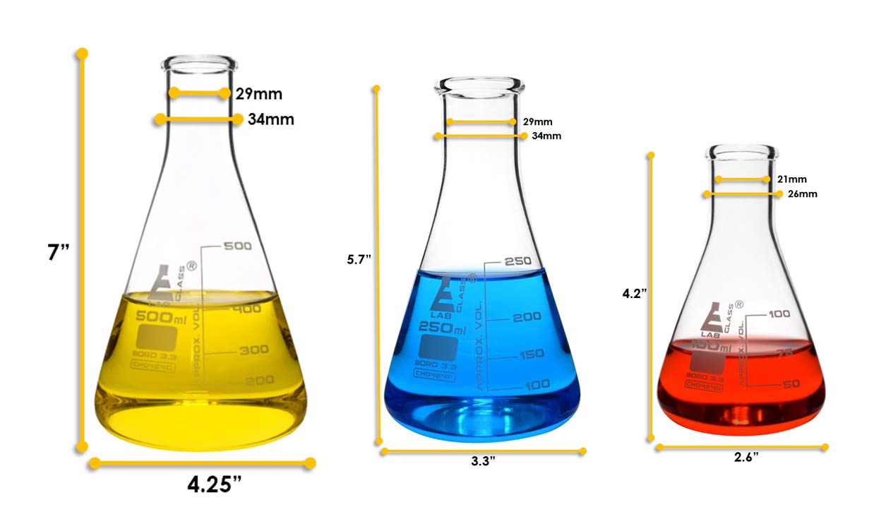 EISCO Premium Erlenmeyer Flask Set - 100ml, 250ml & 500ml Narrow Neck, White Graduations Superior Durability Chemical Resistance Borosilicate 3.3 Glass- Eisco Labs