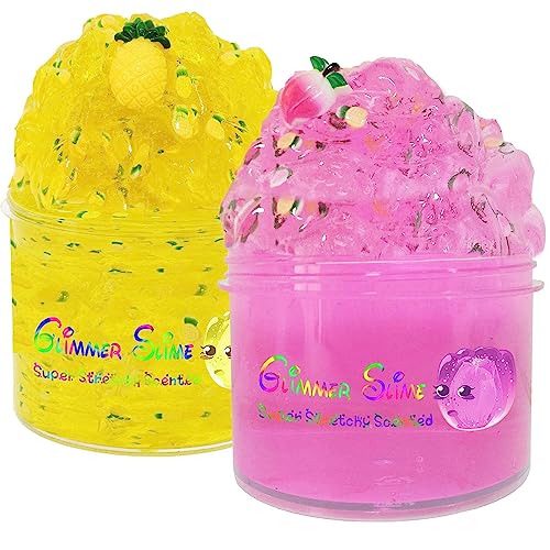 2 Pack Crunchy Slime - Smells Nice Pineapple Slime and Peach Slime - SSSSuper Stretchy Glossy Slime Perfect for Kids Party Favor, Classroom Prize or Christmas Stocking Stuffer - Boys Girls