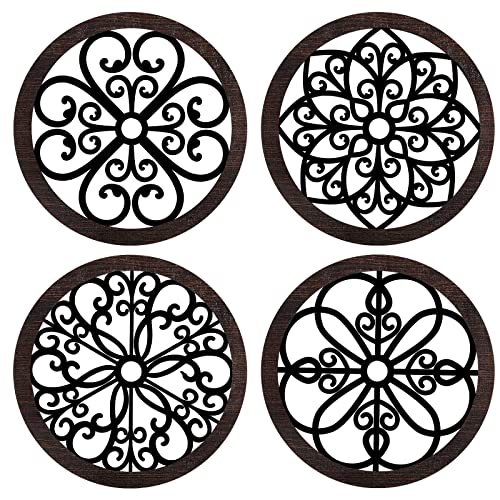 4 Pieces Thicken Rustic Wall Decor Farmhouse Wall Art Decor Wooden Hollow Carved Design Rustic Round Wall Art for Living Room Bedroom Hallway Decor Office Kitchen Wall Decoration (Black, Brown)