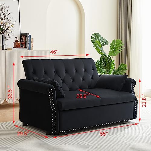 3 in 1 Sleeper Sofa Couch, Velvet Convertible Loveseat Sleeper with Adjustable Backrest, Pull Out Sofa Bed for Living Room Apartment, 55" Black