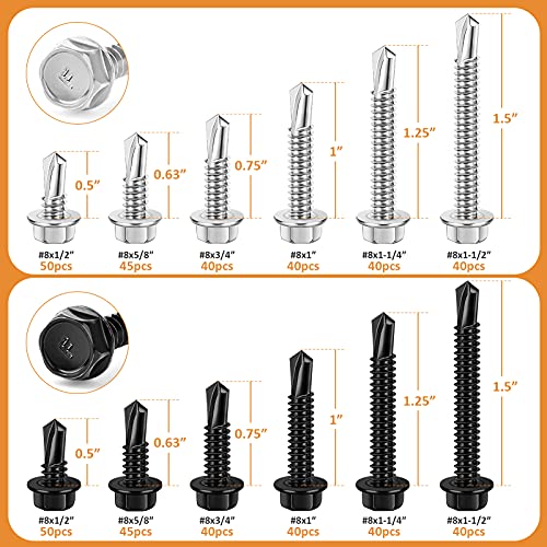 VIGRUE 410 Stainless Steel 360 Pieces Self Tapping TEK Screw Assortment, #8 Hex Washer Head Self Drilling Screws Full Thread Sheet Screw Kit for Metal