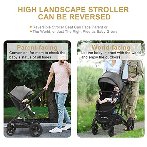 Newborn Infant Toddler Baby Stroller - Strollers with Backrest Adjustable Reversible, 2 in 1 High Landscape Convertible Bassinet Foldable Aluminum Alloy 3D Shock Absorption All Terrain Pram Dark Gray