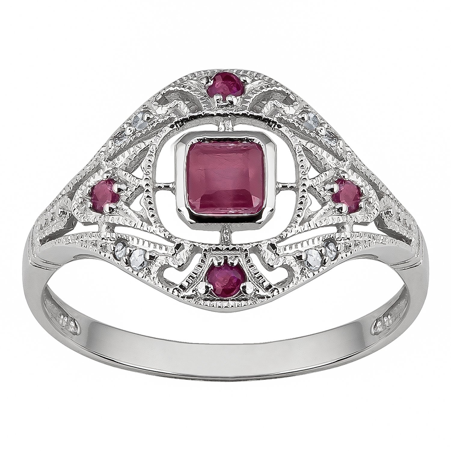 10k White Gold Vintage Style Genuine Ruby and Diamond Ring