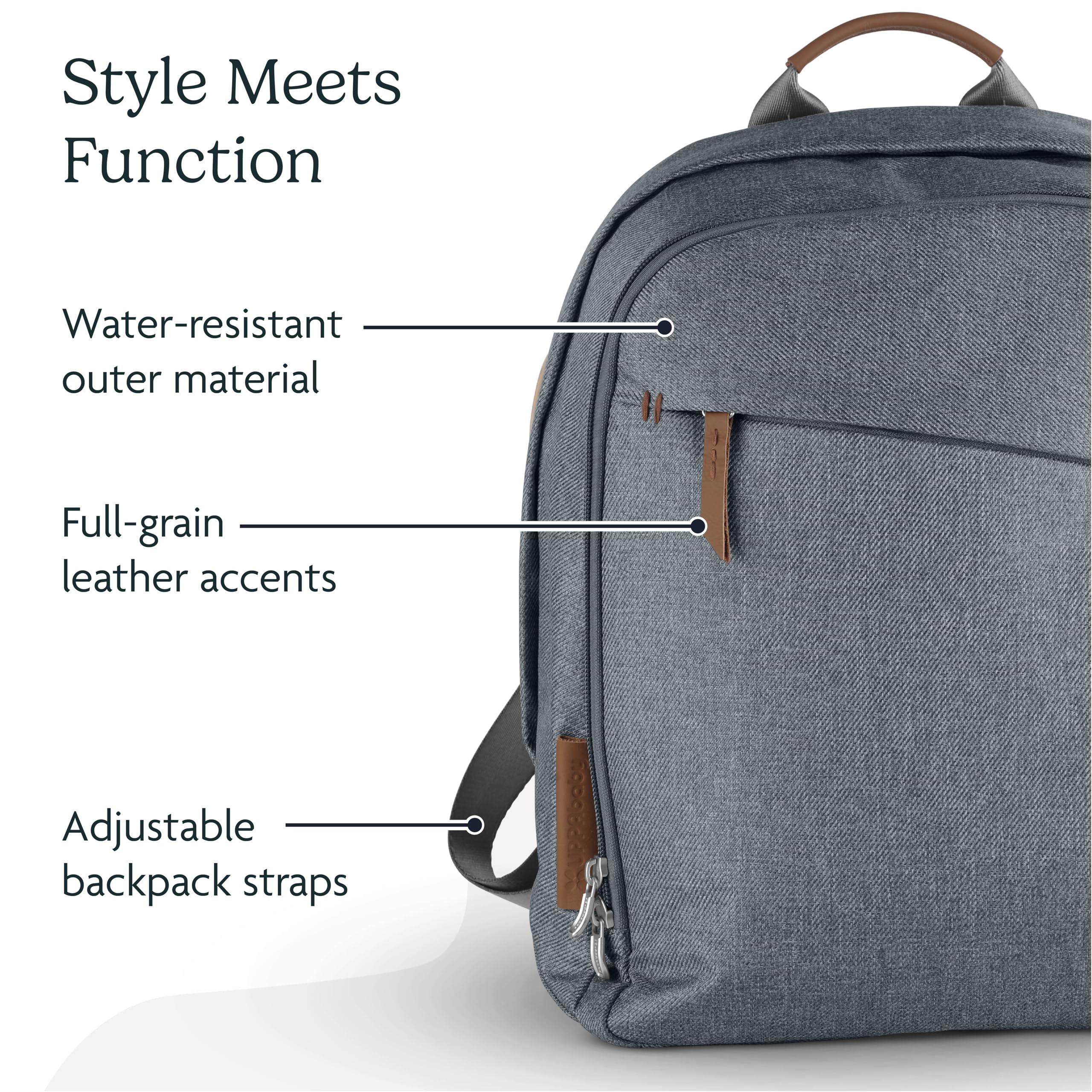 UPPAbaby Changing Backpack/Multiple Storage Compartments/Stroller Strap Attachment/Bottle Insulator and Changing Pad Included/Greyson (Charcoal Mélange/Saddle Leather)