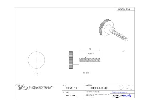 303 Stainless Steel Thumb Screw, Knurled Head, Meets DIN 464, 20mm Length, Fully Threaded, M4-0.7 Metric Coarse Threads, Imported