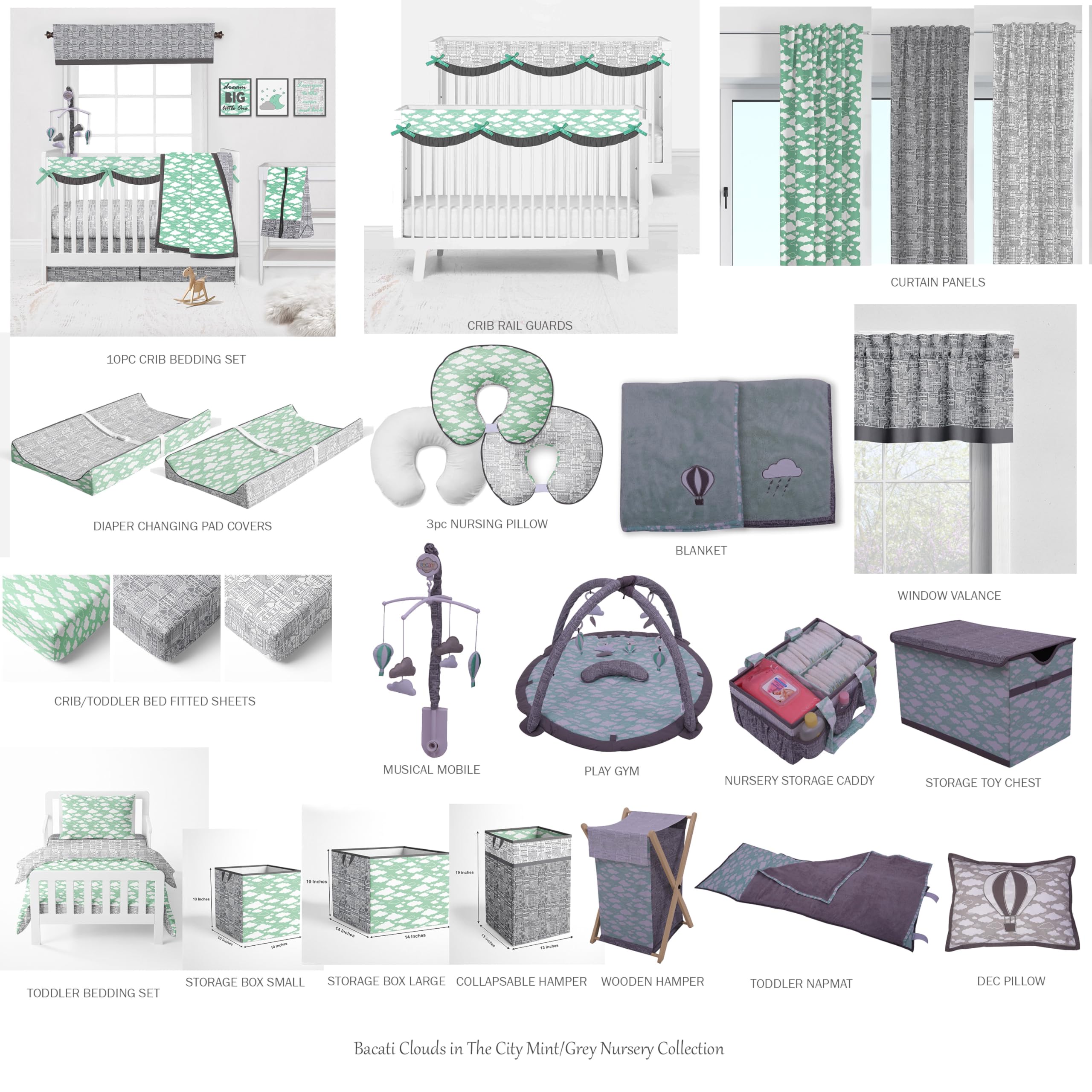 Bacati Clouds in The City Mint Clouds Crib/Toddler Bed Skirt Dust Ruffle, Mint/Grey