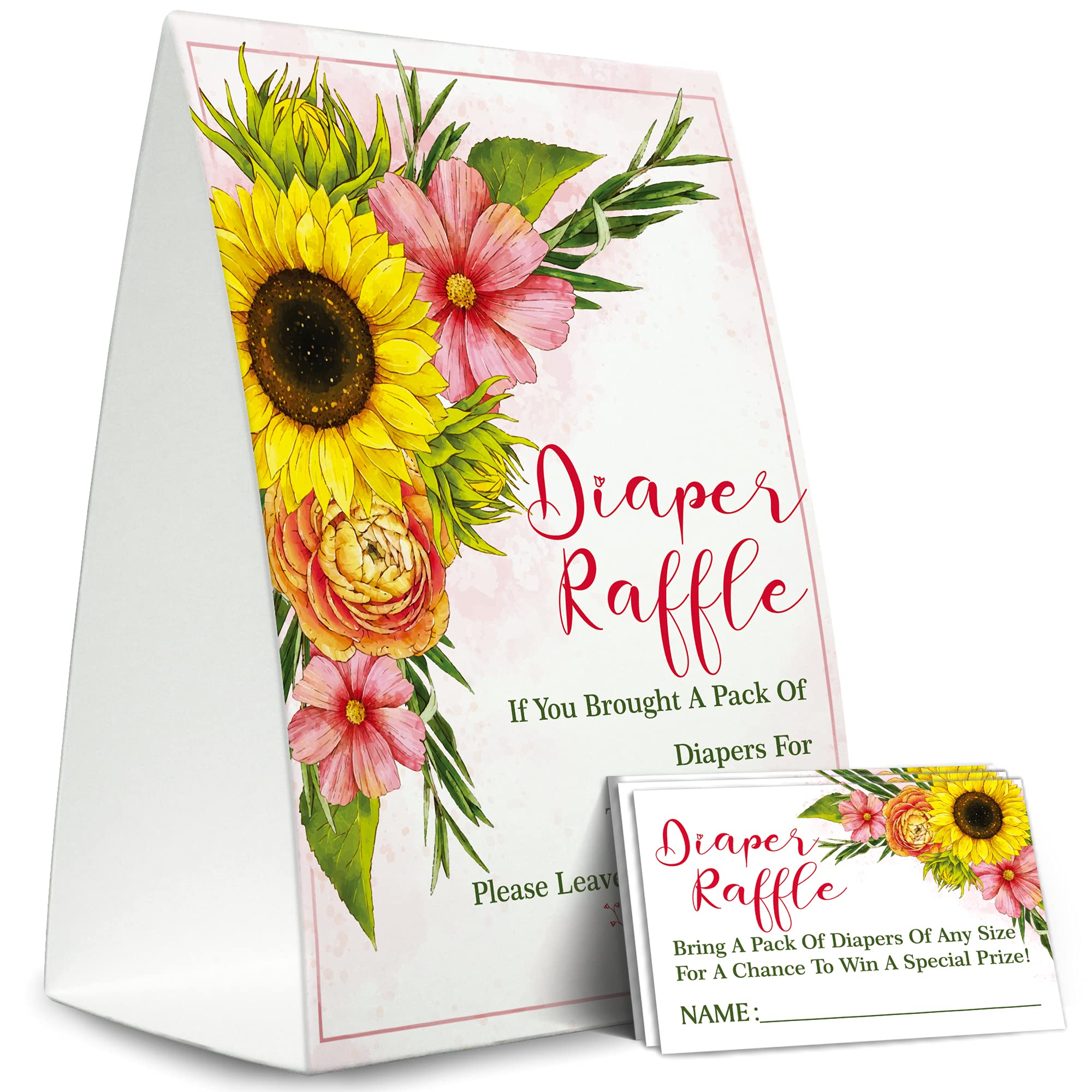 Sunflower Diaper Raffle Sign,Diaper Raffle Baby Shower Game Kit (1 Standing Sign + 50 Guessing Cards),Pink Floral,Baby Showers Decorations,Card for Baby Shower Game to Bring a Pack of Diapers-N09