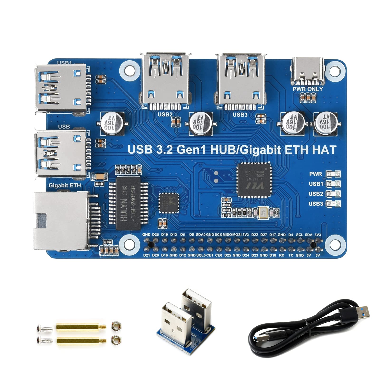 waveshare 3 Ports USB 3.2 Gen1 Hub HAT for Raspberry Pi, with 1000M/100M/10M Gigabit Ethernet Port, USB 3.2 Gen1 Ports Compatible with USB 3.0/2.0/1.1, Driver-Free, Plug & Play
