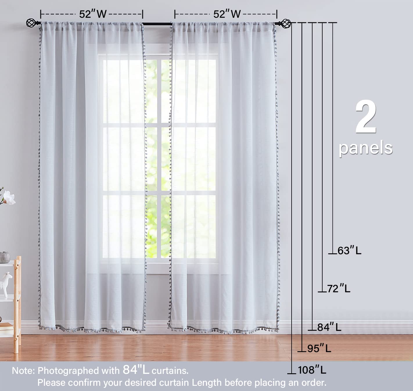 Treatmentex Grey Sheer Window Curtains for Living Room 95 inches Pom-Pom Canopy for Children Bedroom Rod Pocket 2Pack