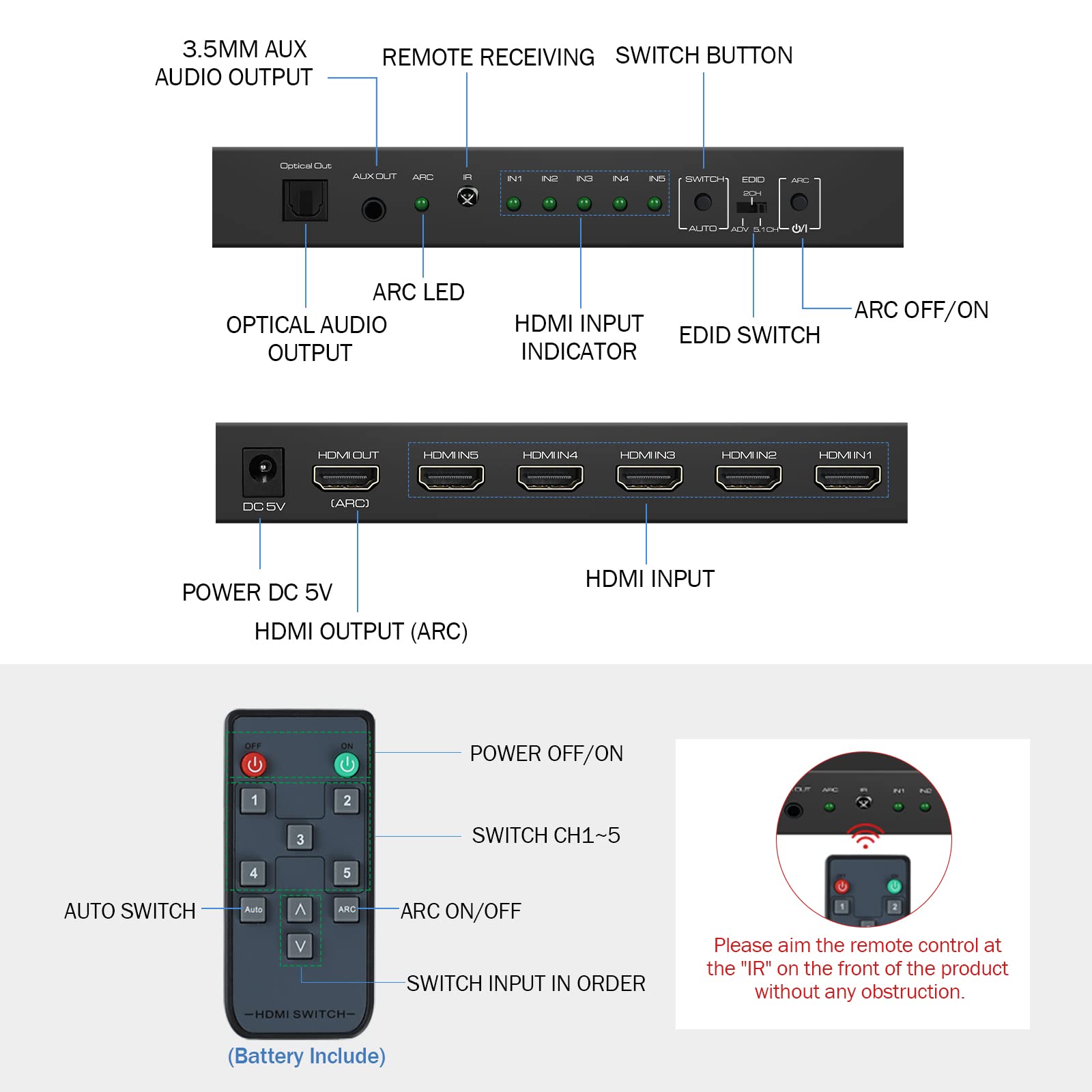 4K@60Hz HDMI Switch 5x1 with Audio Extractor, avedio links 5 Port HDMI Switcher with Optical SPDIF + 3.5mm Audio, 5 in 1 Out HDMI Audio Selector Switch Box with Remote Support HDR10 ARC 18Gbps HDCP2.2