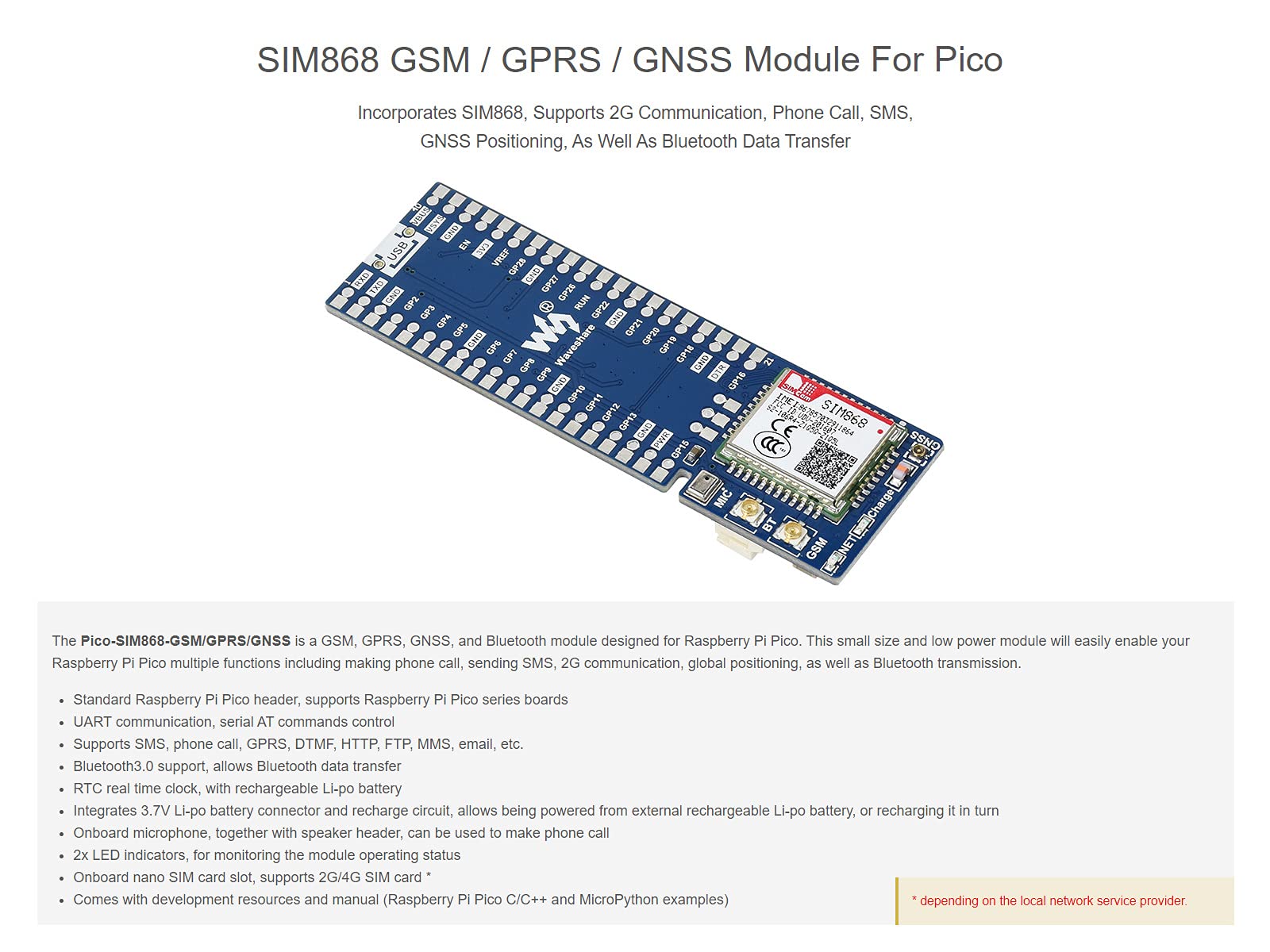 Waveshare SIM868 GSM/GPRS/GNSS Module for Raspberry Pi Pico Connection Data Transfer