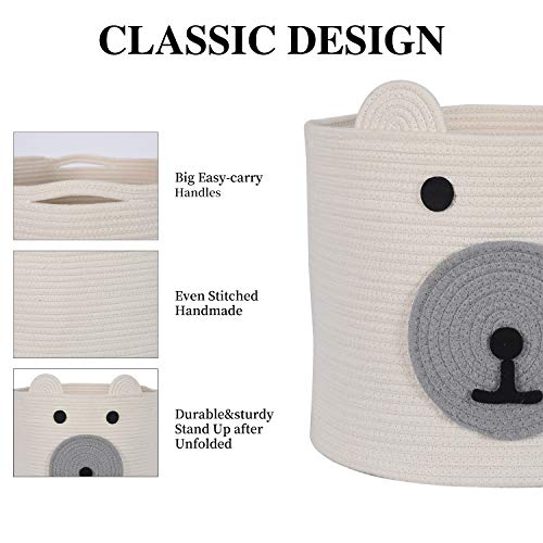 InfiBay Cotton Rope Storage Basket with Cute Bear Design, Woven Laundry Basket with Handles, Baby Nursery Organizer for Toys, Blanket, Clothes, Towels, 12β(D) x 11β(H)