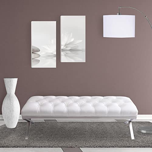 Armen Living Milo Bench in White Faux Leather and Brushed Stainless Steel Finish 60 x 20 x 21