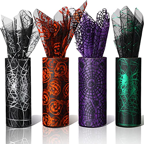 4 Rolls Halloween Glitter Tulle Roll Glitter Tulle Netting Roll Tulle Fabric Roll Orange Shimmer Color Ribbon for Halloween Decoration, 5 Inch x 10 Yards
