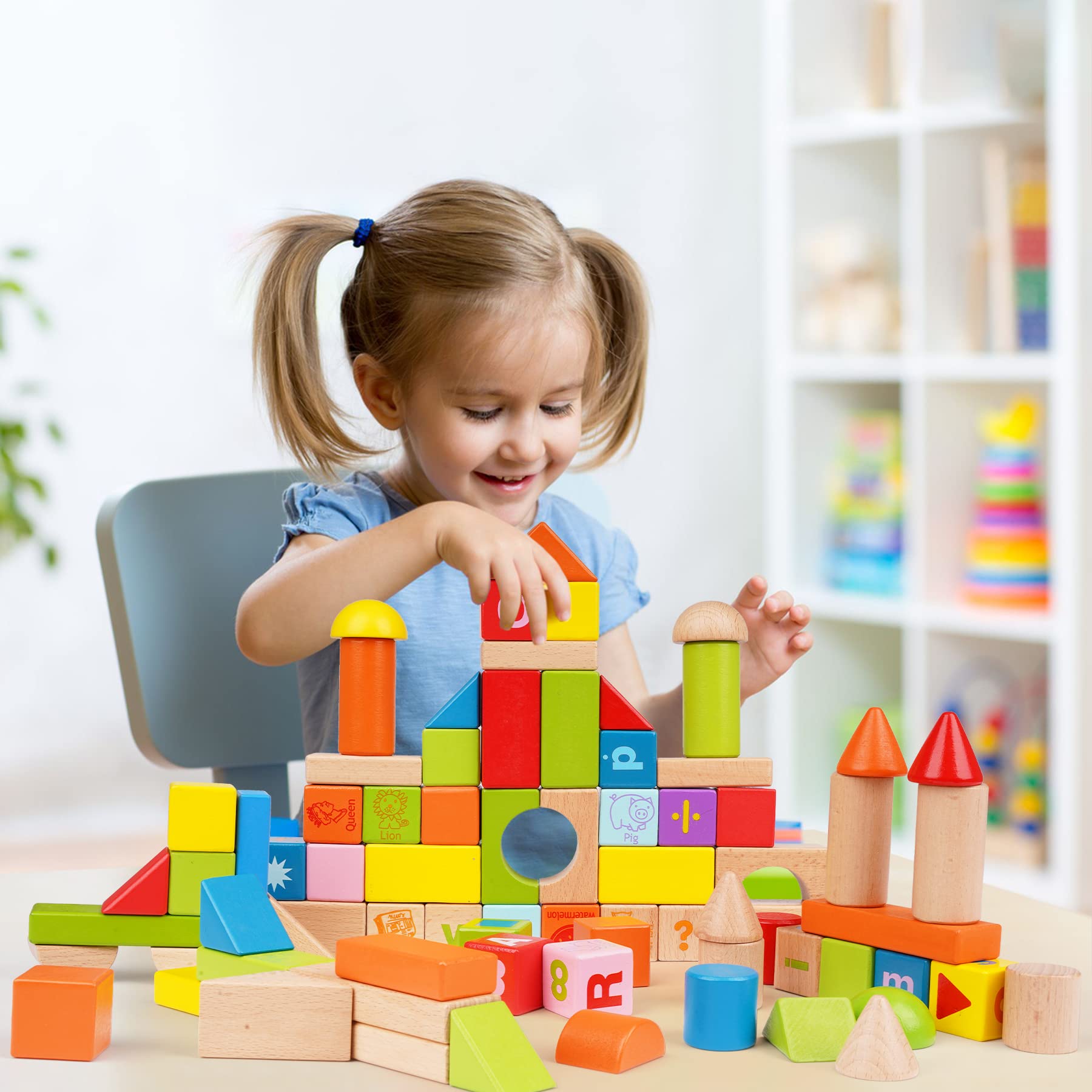 100Pcs Wooden Building Blocks Set- Wood Stacker Stacking Blocks Game Toys for Toddlers , Multiple Shapes, Numbers Blocks and ABC Alphabets Blocks- Baby Wooden Blocks for Kids Learning and Playing