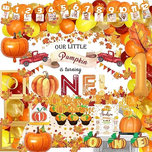 174 PCs Our Little Pumpkin Is Turning One Decorations, Hombae Thanksgiving Fall Pumpkin 1st Birthday Party Backdrop Balloon Garland Maple Leaf Banner Tablecloth Box Cutout Cake Topper Crown Poster