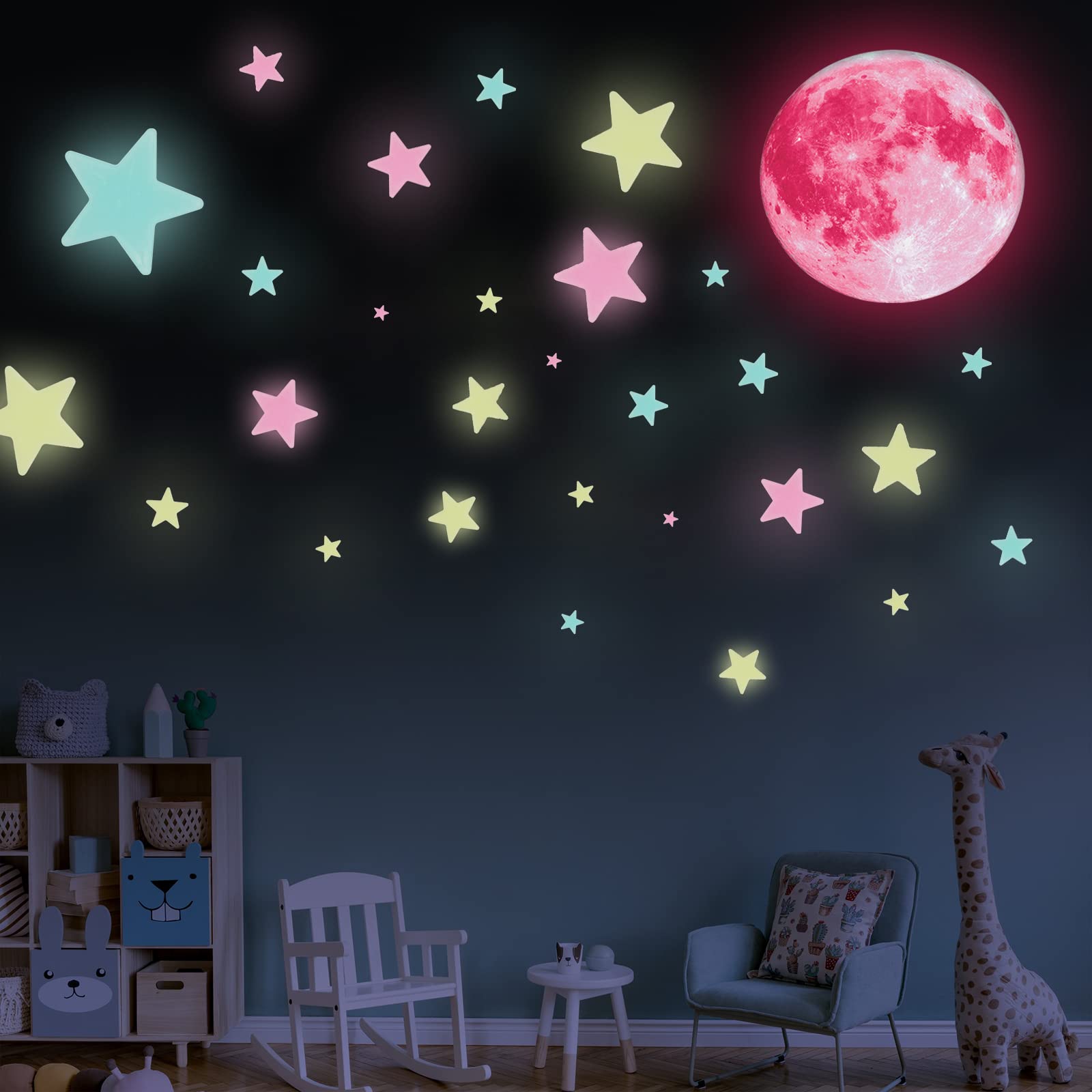 100 Pcs Glow in The Dark Stars with 3D Moon Stickers for Ceiling, Wall Decor Sticker for Nursery, Bedroom, Emo Room Decor Decal (Red Moon)