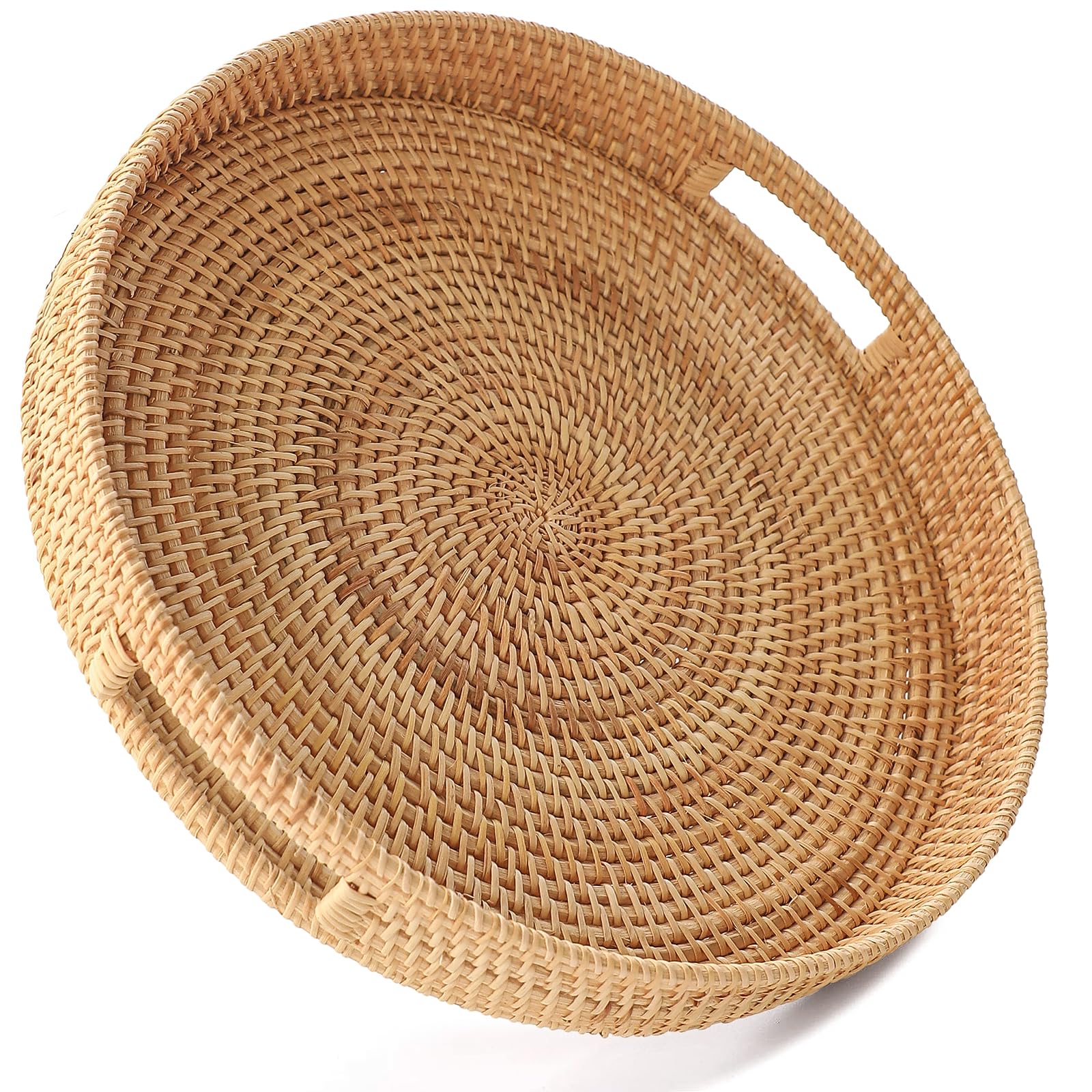 HITOMEN 14.2'' Hand-Woven Round Rattan Serving Tray Decorative Ottoman Wicker Platter with Handles for Coffee Table, Breakfast, Drinks, Snack, Bread, Fruit, Vegetables (Natural-L)