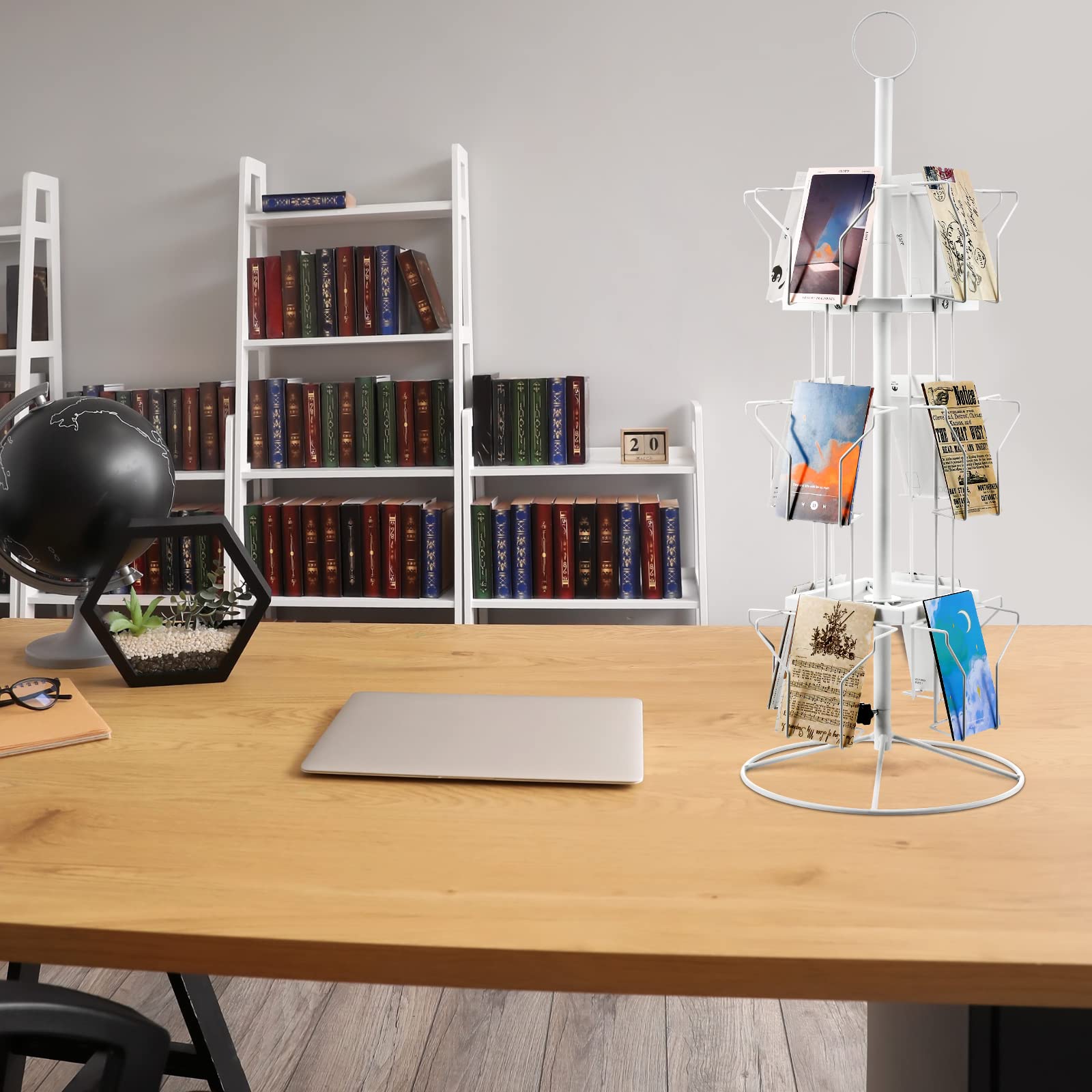 12 Pockets Countertop Rotating Greeting Card Rack with 200 Clear Resealable Polypropylene Bags 3 Tier Metal Display Stand Spinning Floor Stand Pocket Rotating Holder for Stickers Showcase (White)
