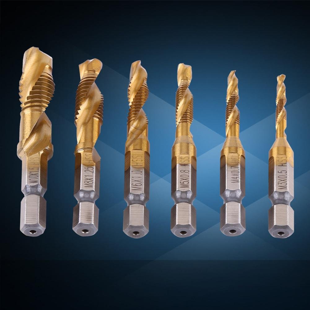 Combination Drill Tap, 6pcs 1/4" Hex Shank Metric Thread, M3-M10 Coated HSS Drill and Tap Bits Screw Taps Tool Set