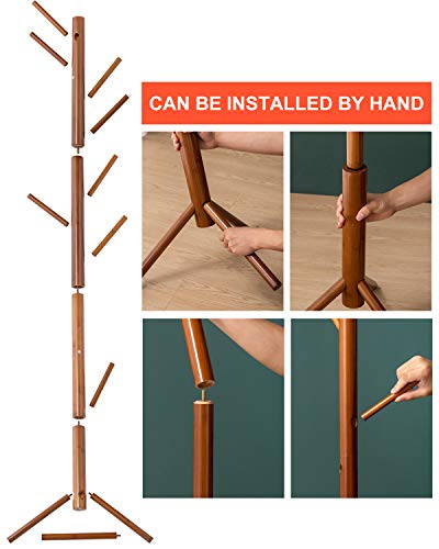 BMOSU Bamboo Coat Rack Freestanding Stand Tree Adjustable Coat with 3 Sections 8 Hooks Easy to Assemble Standing Coat Jackets Hanger for Bedroom Office Hallway Entryway Brown