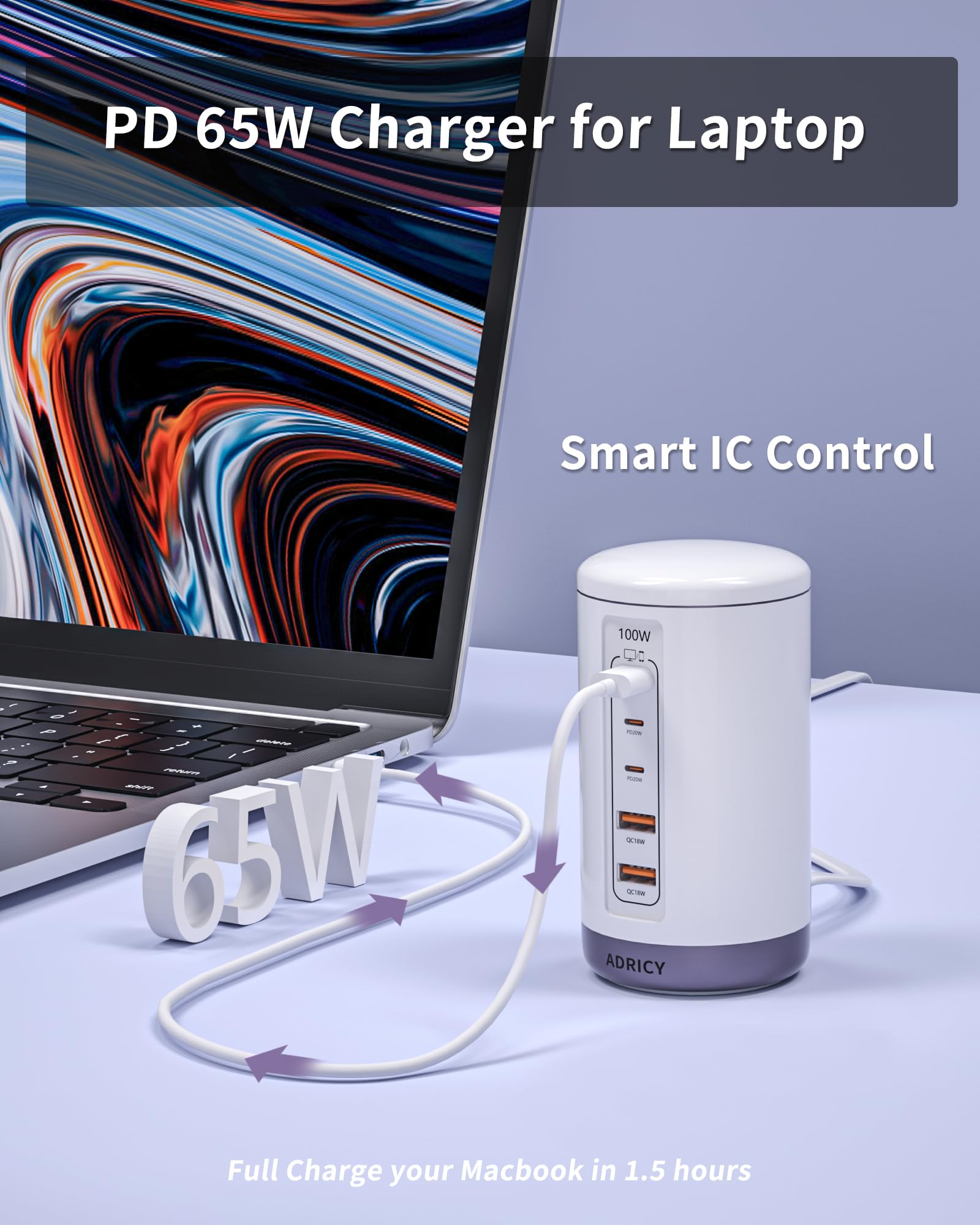 100W USB Tower Charging Station,5 Port USB C Charger Block for Multiple Devices iPhone 15/15 Plus/15 Pro/15 Pro Max/MacBook Air Pro/Samsung/Tablet (Purple)