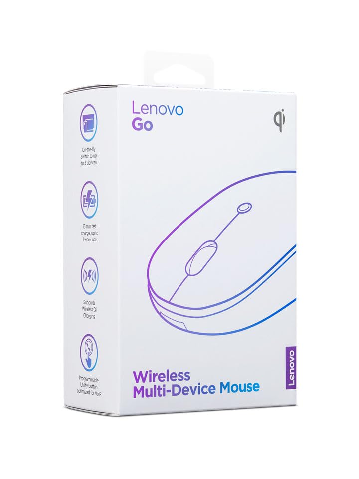 Lenovo Go Multi-Device Wireless Mouse, 2.4GHz Nano USB-C Receiver, Bluetooth, Adjustable DPI, USB-C Rechargeable Battery, Qi Wireless Charging, Ambidextrous, GY51C21211, Grey