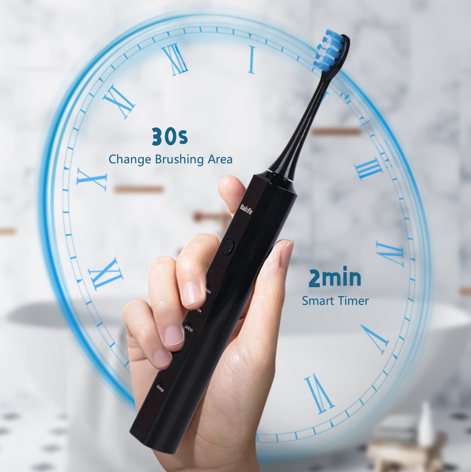 Bahfir Electric Sonic Toothbrush Ergonomic Design with 3 Modos 2 Minutes Smart Timer Rechargeable 1 Time Charge for 30 Days with 3 Brush Heads Replacement Portable for Home and Travel Adults Kids