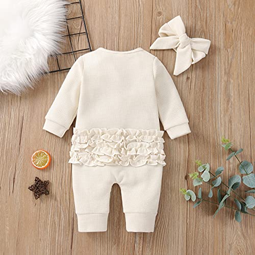 Newborn Baby Girl Ruffle Romper Knit Sweater Onesie Jumpsuit Long Sleeve Zipper Onesie Solid Fall Winter Outfits (A Waffle Knit Apricot,0-3 Months)