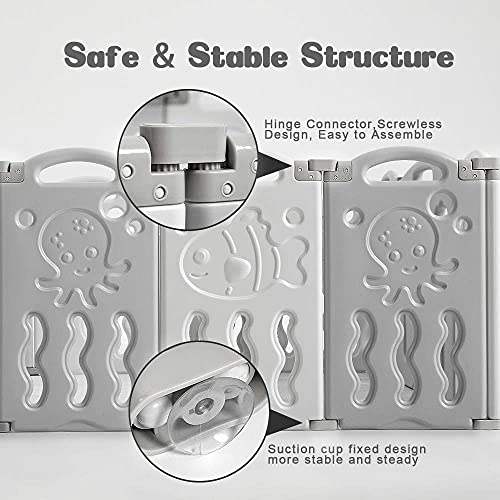 Albott Baby Fence Kid Playpen 18 Panel Play Yard - Foldable Kids Safety Activity Center Playard Lock Gate,Adjustable Shape, Portable Design for Indoor Outdoor Use (18 Panel, Grey+White)