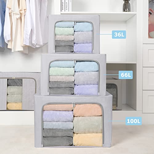 2Pack Stackable Storage Bins Oxford Frame Storage Box with Clear Window, Label Holder, Durable Carry Handles (Light Grey, 3x36L-15.7x11.8x11.8)
