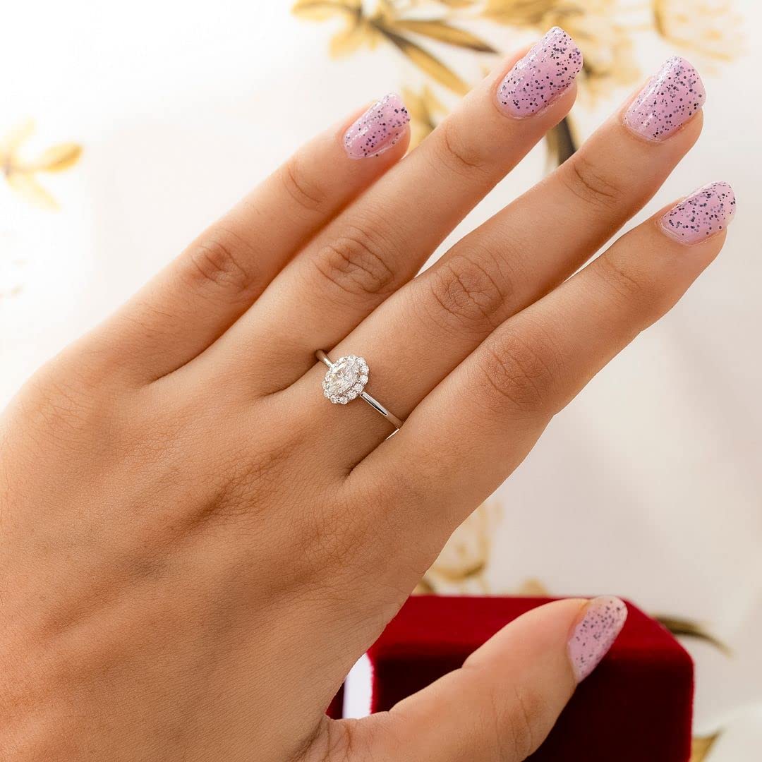 10K White Gold Oval Moissanite and Round Natural Diamond Solitaire Halo Delicate Engagement Ring Size 5US (5/8 CTW, I-J, SI)