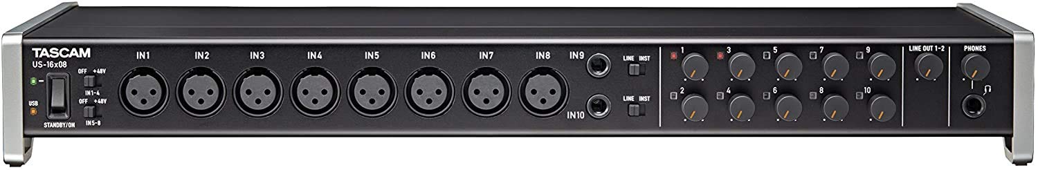 Tascam US-16x08 Rackmount USB Audio/MIDI Interface with Pro Headphone and Pair of EMB XLR Cables and Gravity Magnet Phone Holder Bundle