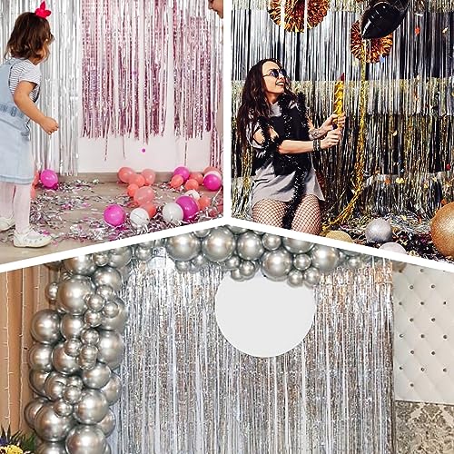 3 Pack Silvery Foil Fringe Backdrop Curtains,3.3 ft x 8.2 ft Silvery Door Streamers ,Silvery Gold foil Fringe Curtain Backdrop,for Photo Background Party Decorations, Graduation Decorations