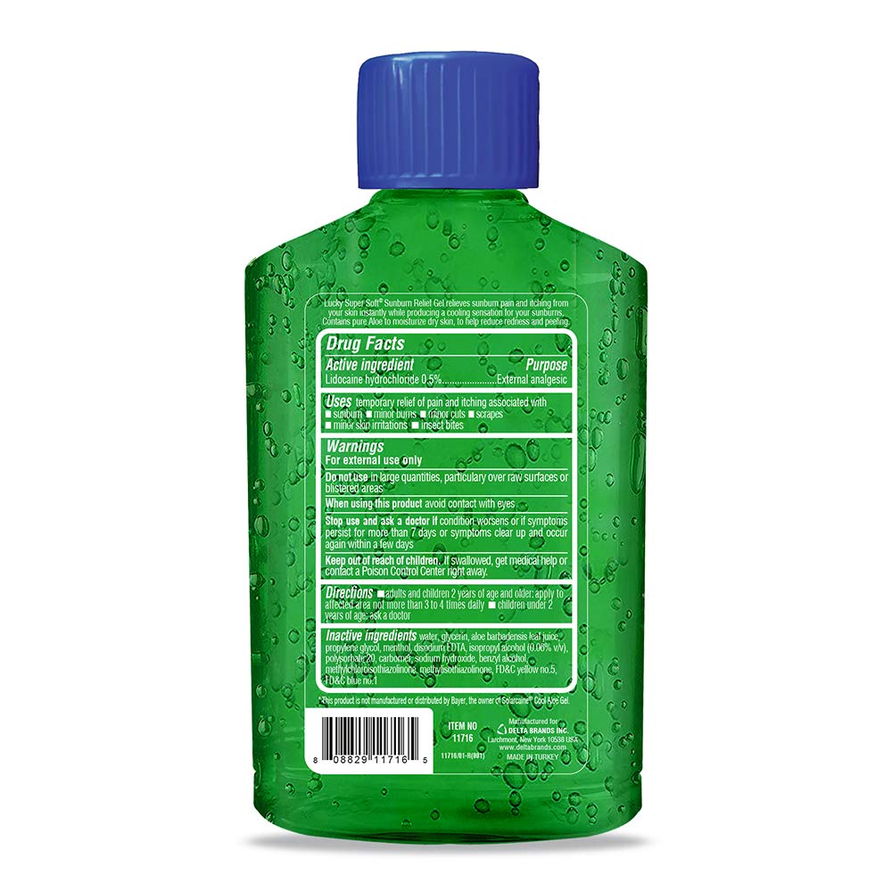 Lucky Super Soft Sunburn Relief Gel. Pain, Redness and Itch Treatment. With Aloe Vera and Lidocaine. 8 Ounce / 227 grams