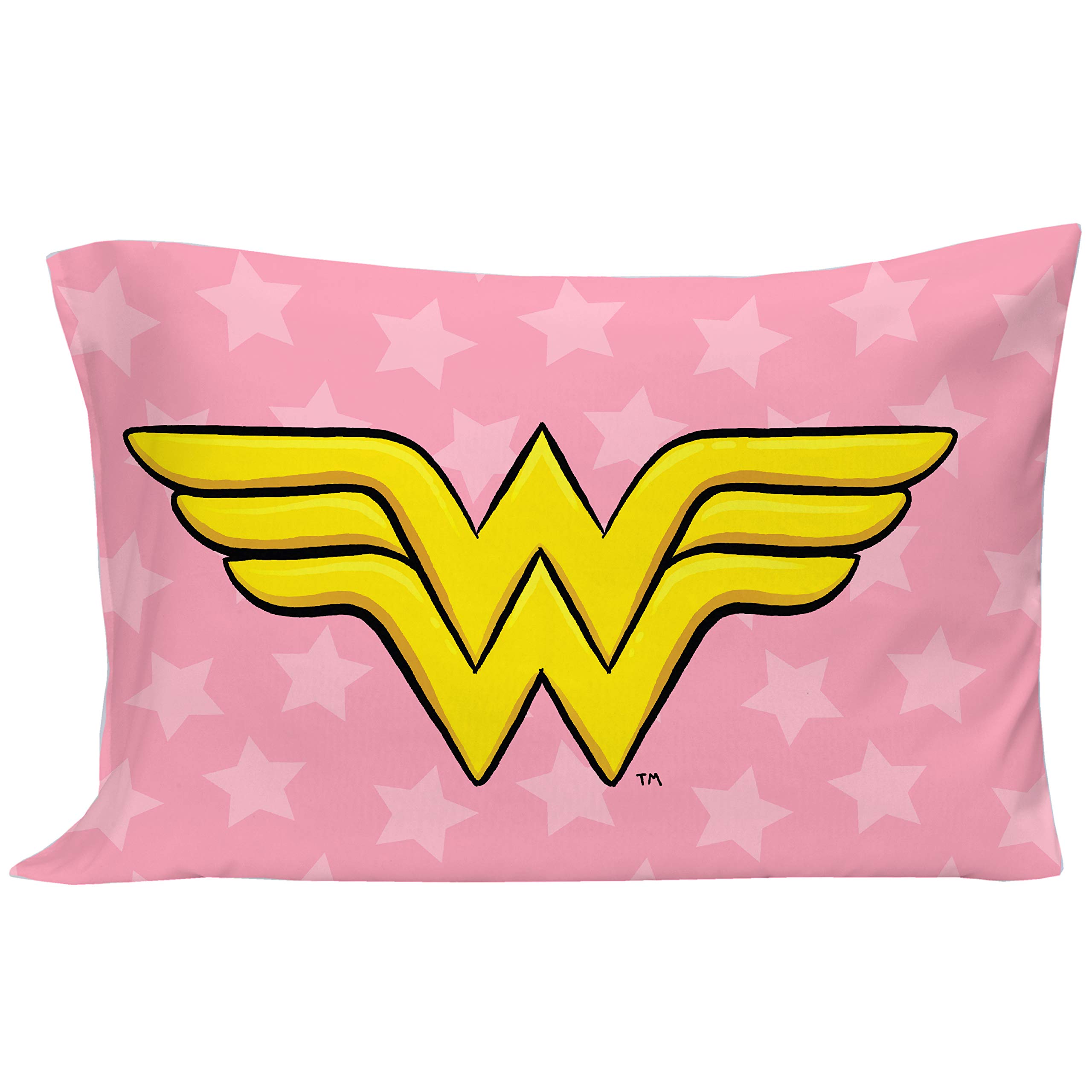 Wonder Woman Pink, Gold, Red & Blue 4Piece Toddler Bed Set - Comforter, Flat Top Sheet, Fitted Bottom Sheet, Reversible Standrd Size Pillowcase, Bright Pink, Light Pink, Gold, Red